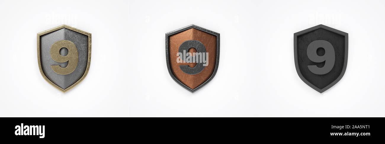 Heraldic metal shield pack, complete numbers. Number 9 Stock Photo - Alamy