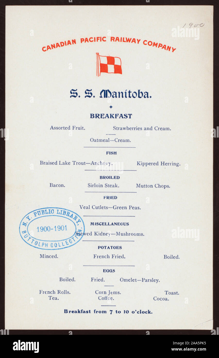 UNDATED; 1900 HAND WRITTEN; BREAKFAST [held by] CANADIAN PACIFIC ...