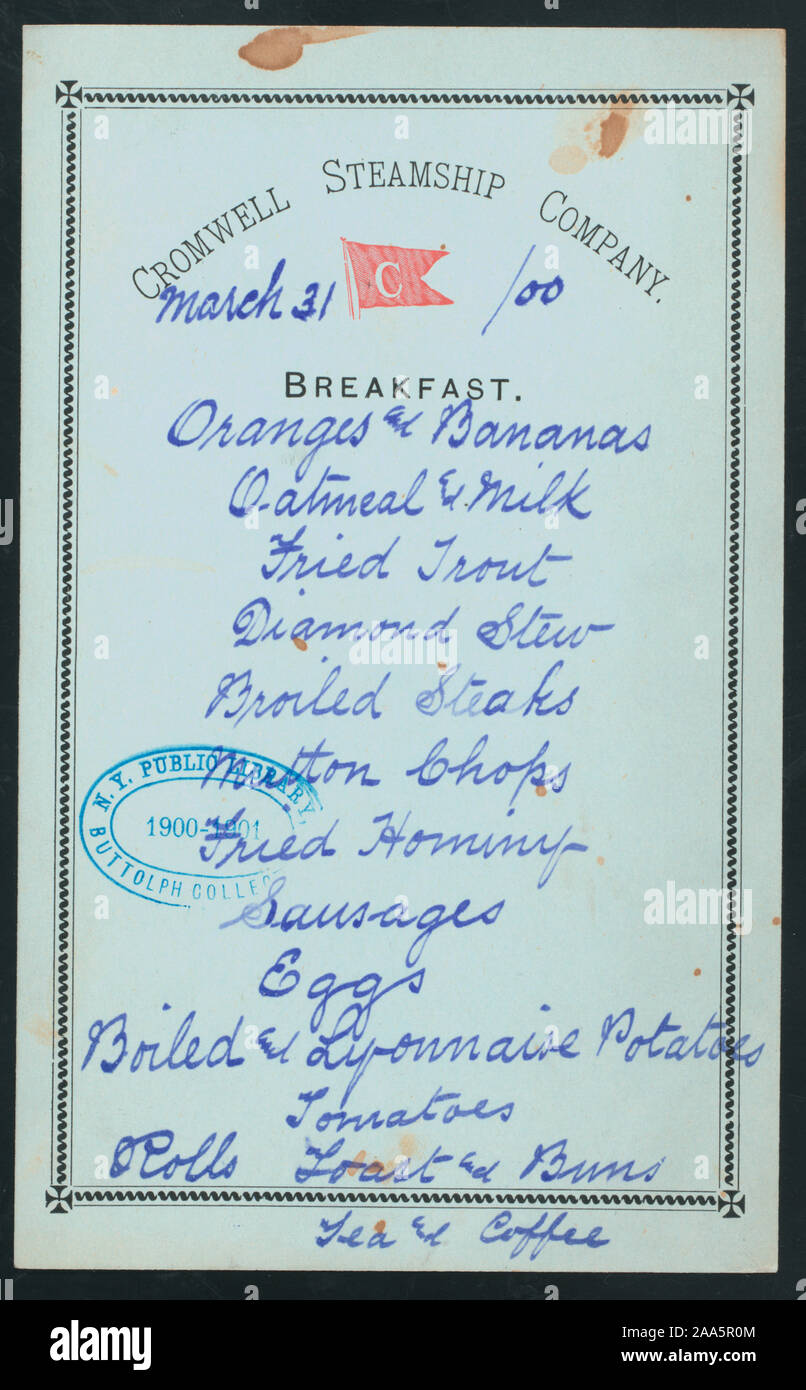HANDWRITTEN; BLUE; RED LOGO 1900-2606; BREAKFAST [held by] CROMWELL ...