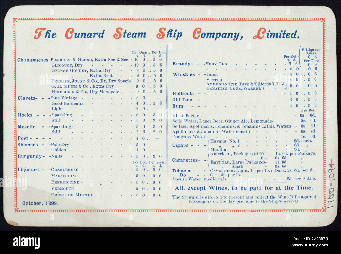 STEAMSHIP LINE FLAG AT TOP OF MENU; INCLUDES PRICED WINE LIST 1900-1094 ...