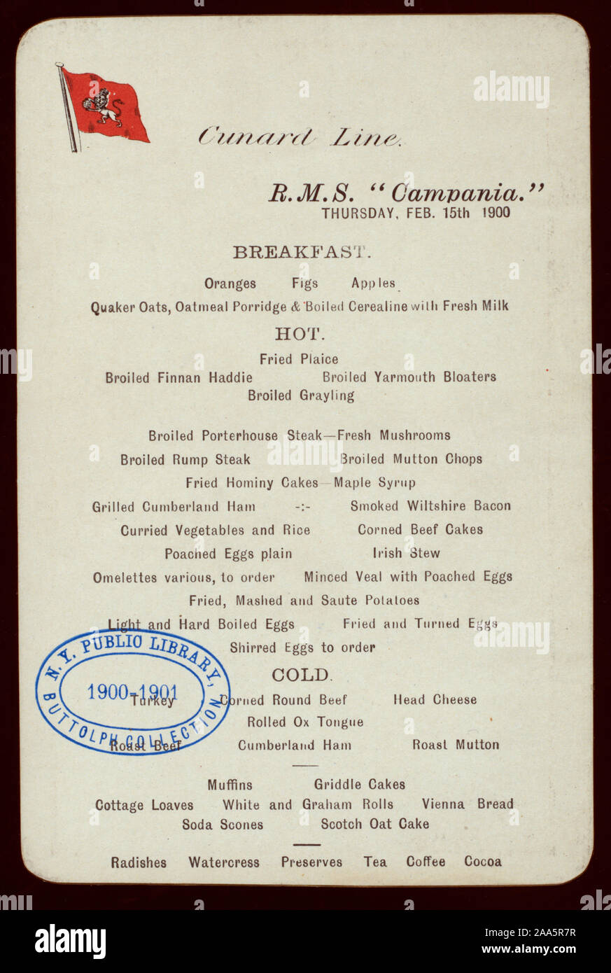 STEAMSHIP LINE FLAG AT TOP OF MENU; INCLUDES PRICED WINE LIST 1900-1094 ...