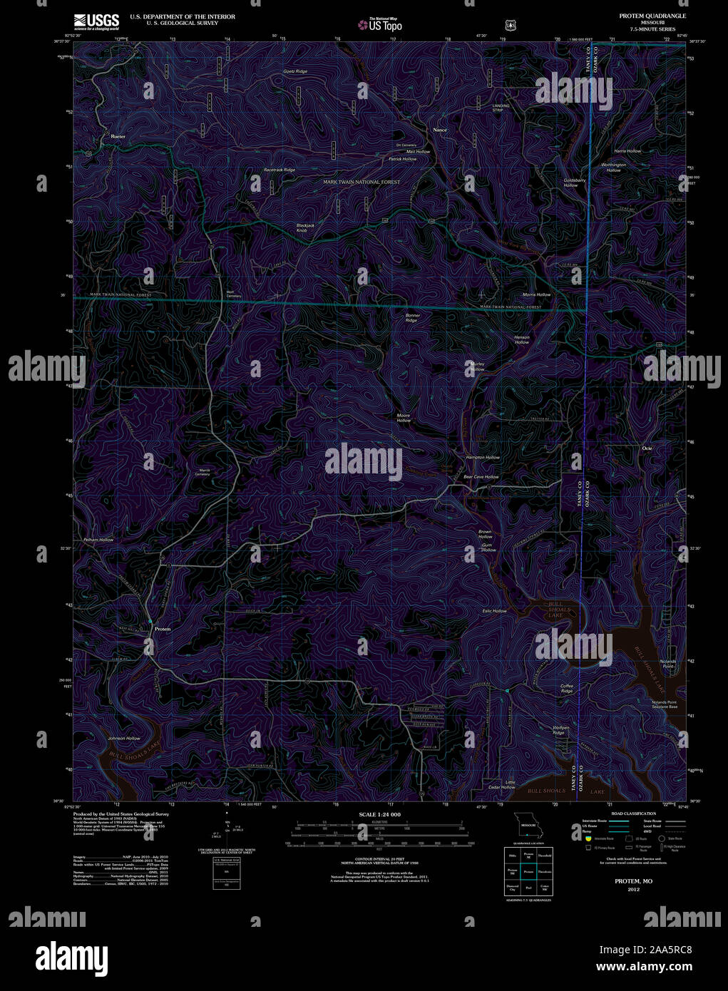 USGS TOPO Map Missouri MO Protem 20120206 TM Inverted Restoration Stock ...