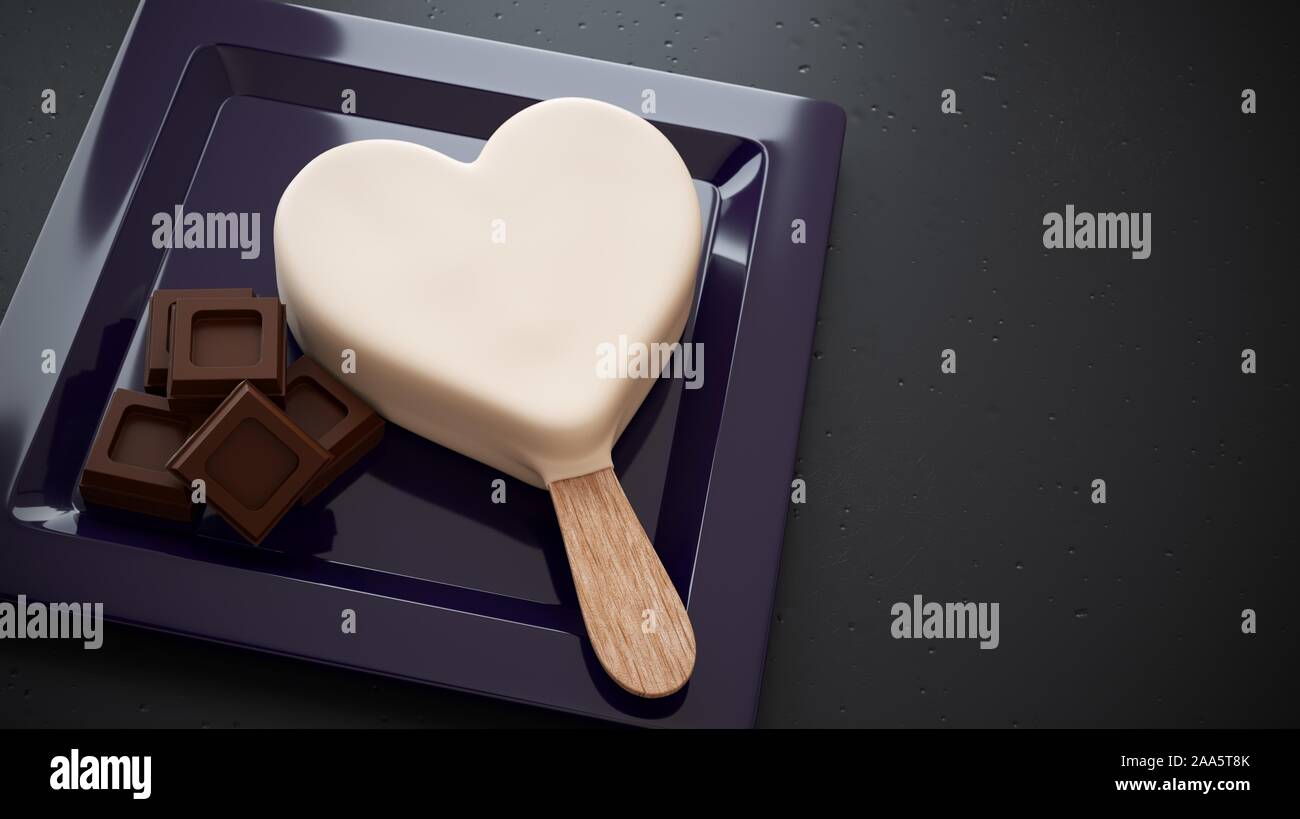White chocolate ice cream with heart shape and ounces of chocolate on ...