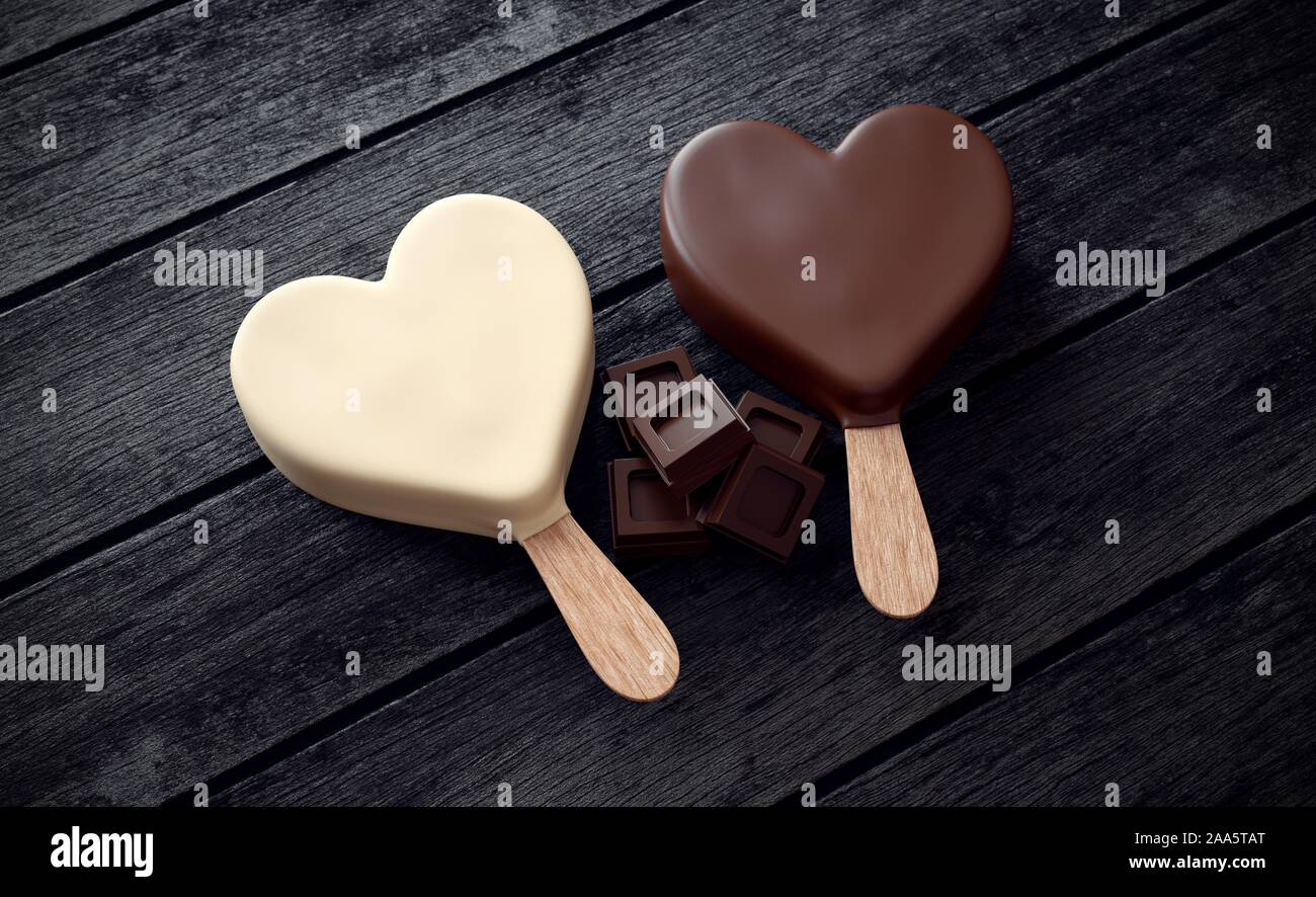 Two ice creams with heart shape and ounces of chocolate on wood Stock ...