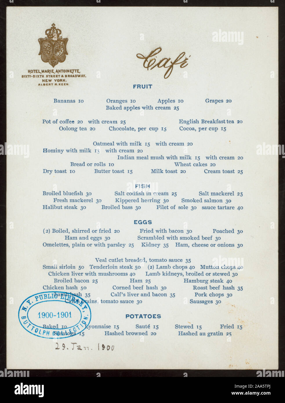 CAFE MENU; PRICED A LA CARTE; BREAKFAST [held by] HOTEL MARIE ...