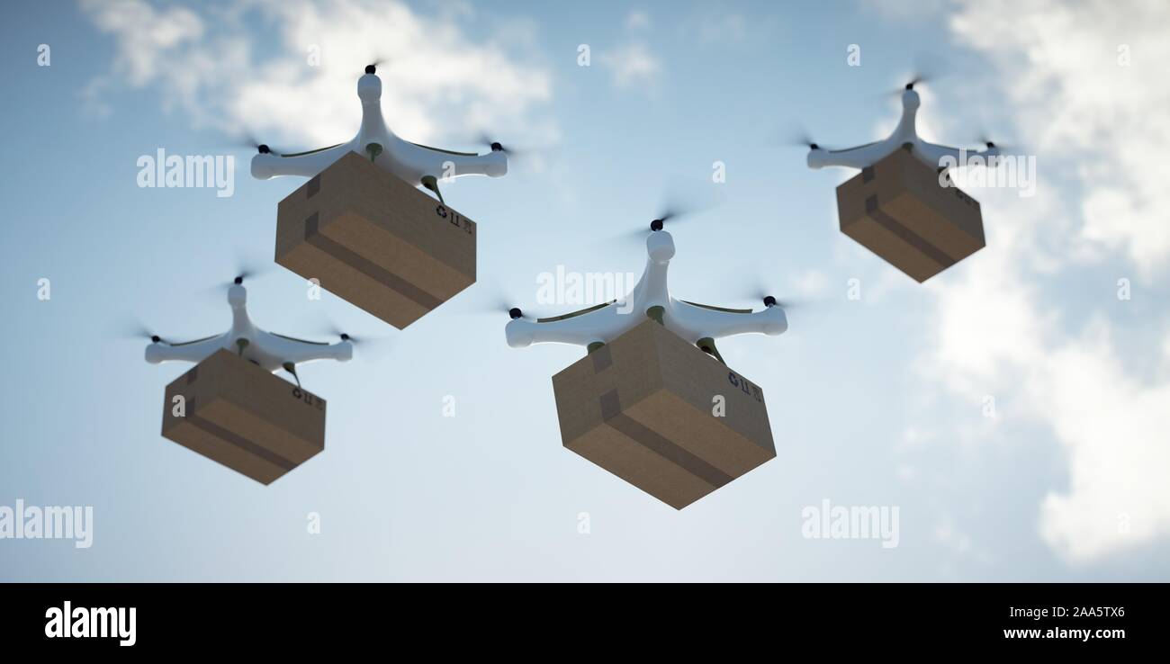 Delivery drones flying with packages. Shipping, delivery and safe and ...