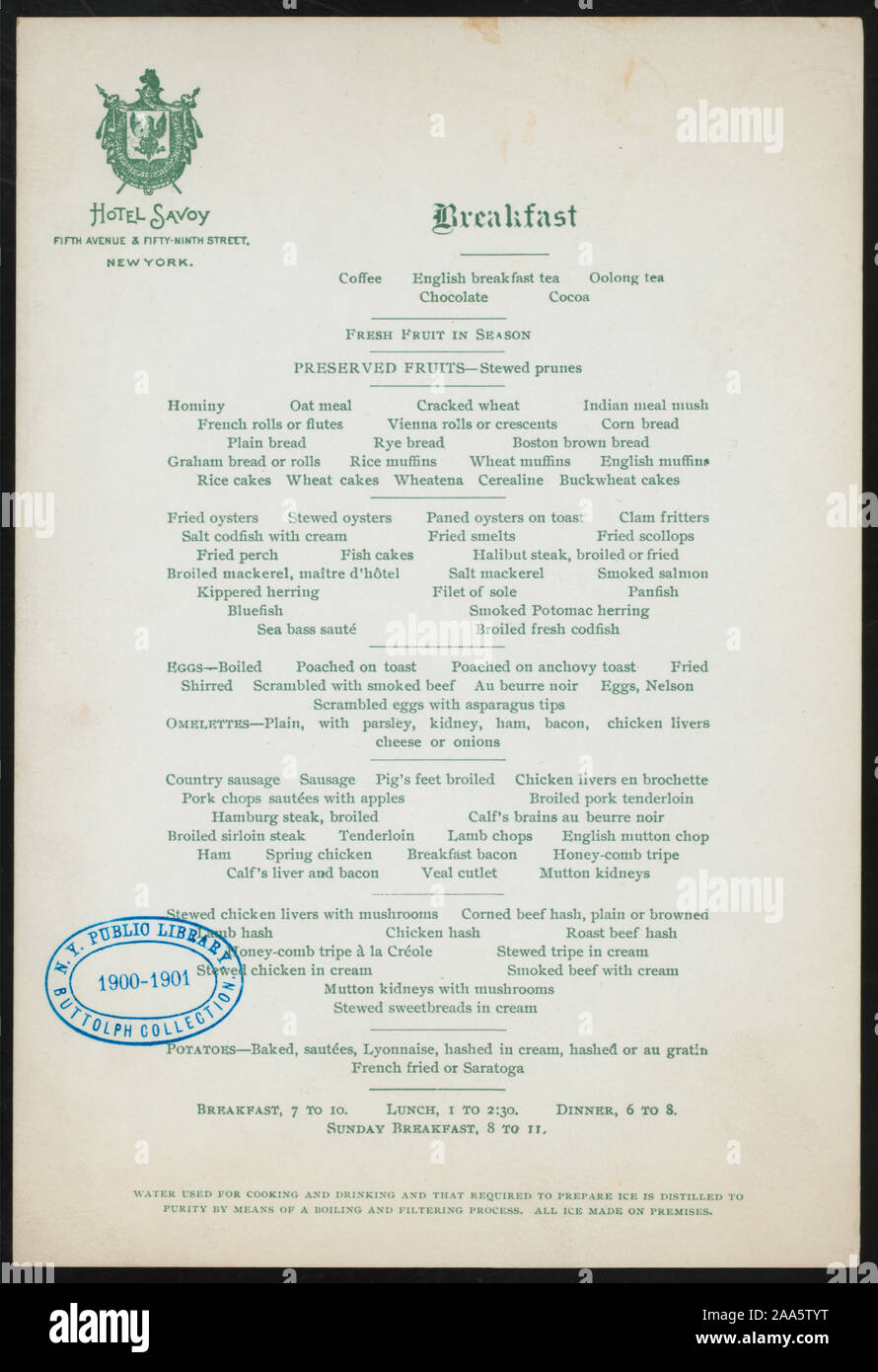 HANDWRITTEN DATE; CREST; BREAKFAST [held by] HOTEL SAVOY [at] FIFTH ...