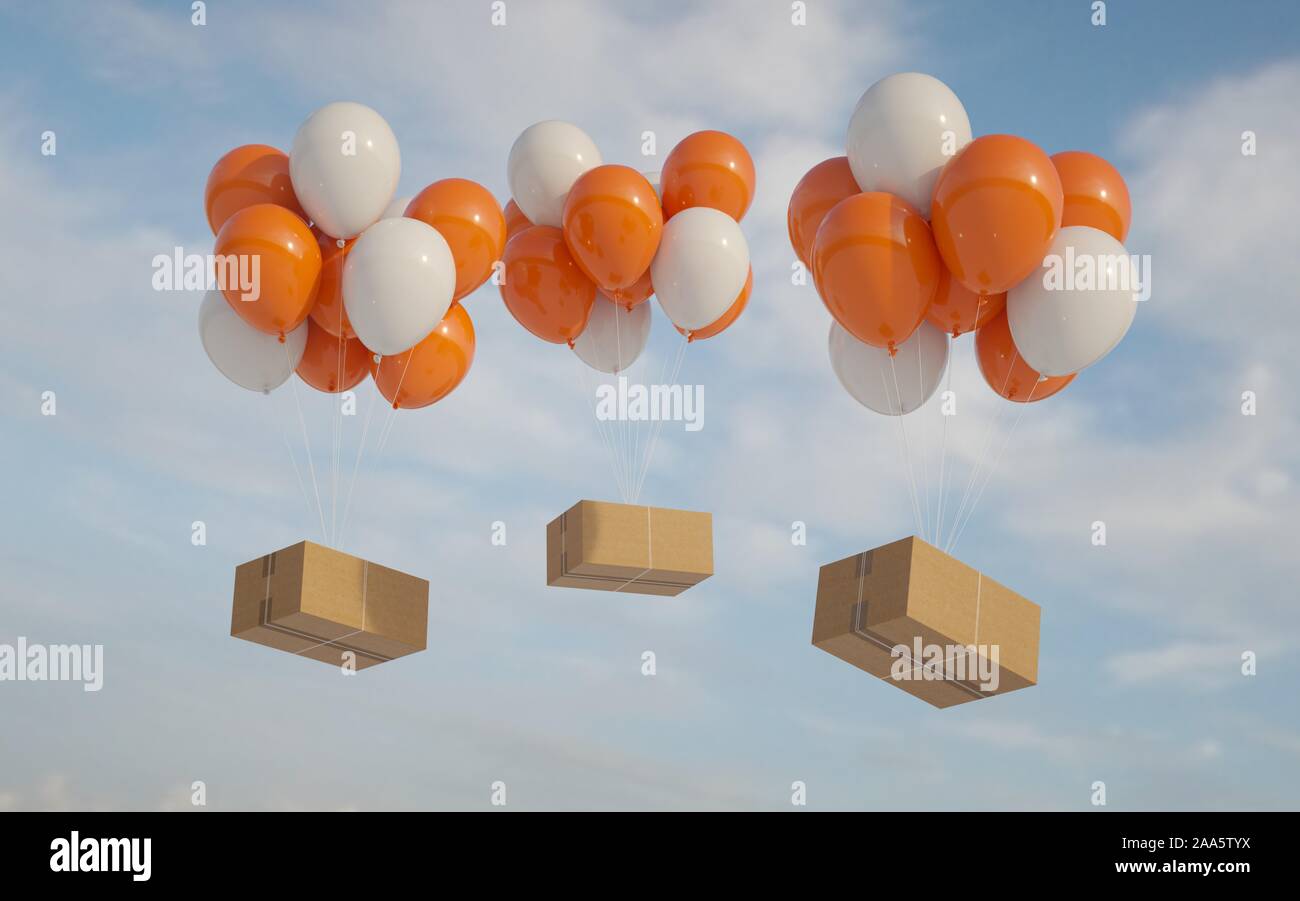 Balloons carrying packages at home. White and orange balloons flying ...
