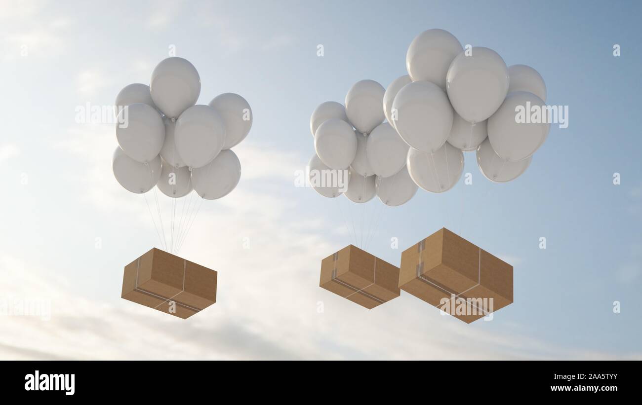 Orders carried by white balloons in the sky. Air shipments by air to ...