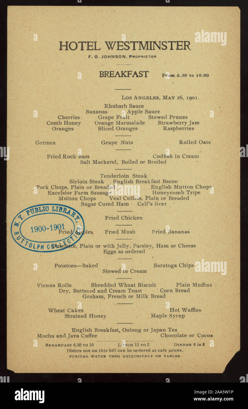 NOTE ABOUT PURE WATER Citation/Reference: 1901-1449; BREAKFAST [held by ...