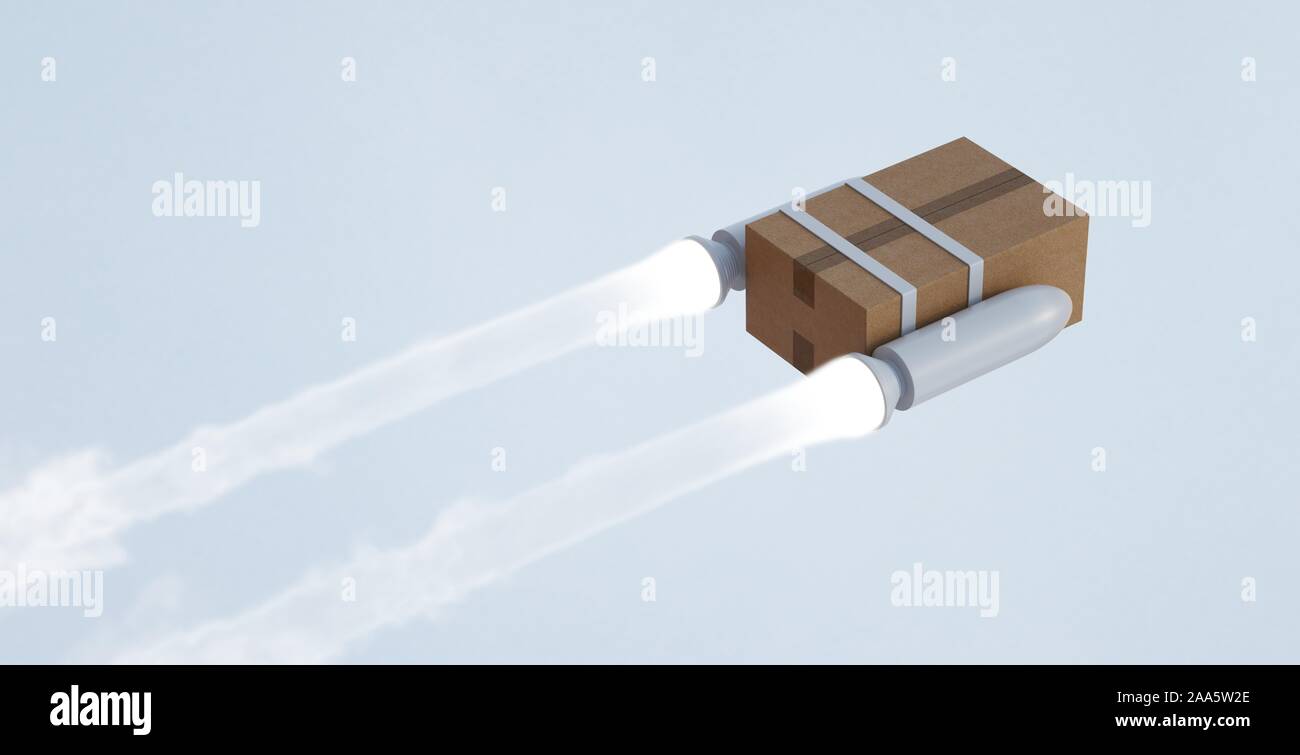 Fast shipment by air. Package with rockets flying Stock Photo - Alamy