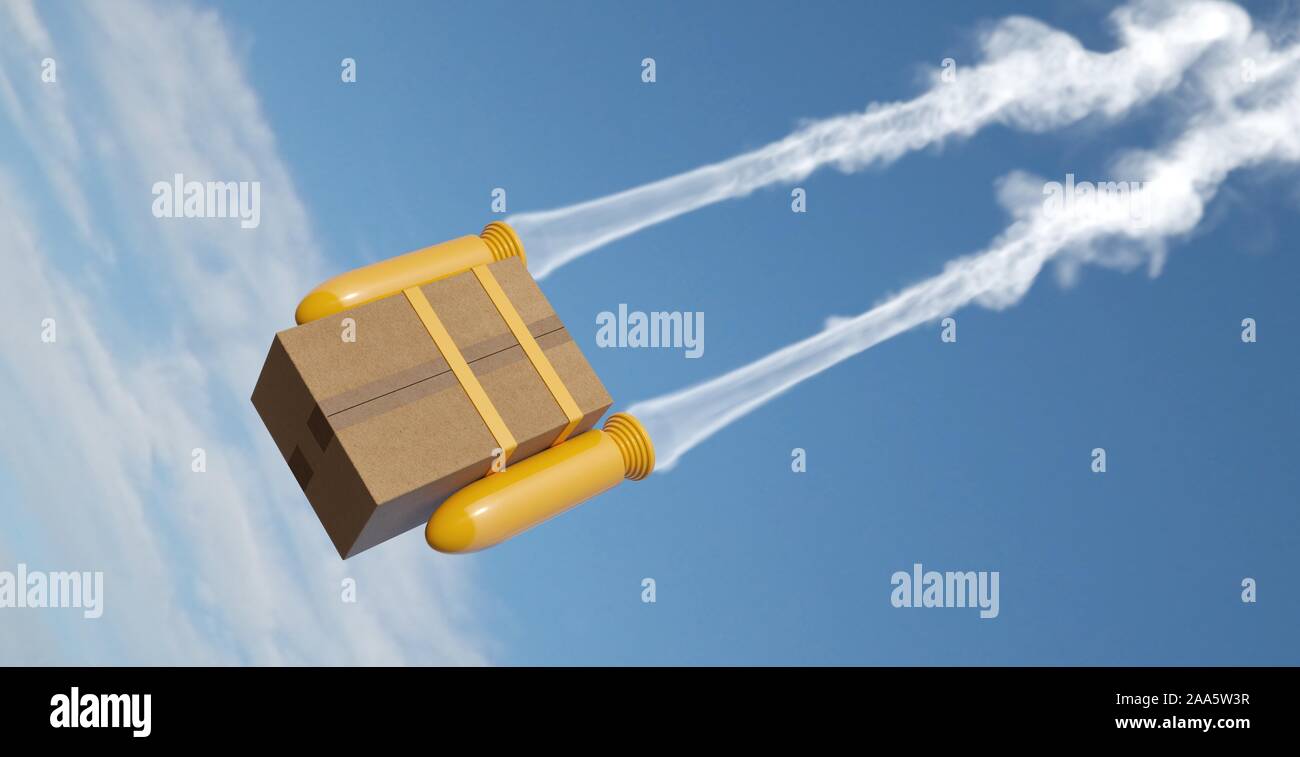 Ultra fast package shipping. Box flying with rockets Stock Photo - Alamy