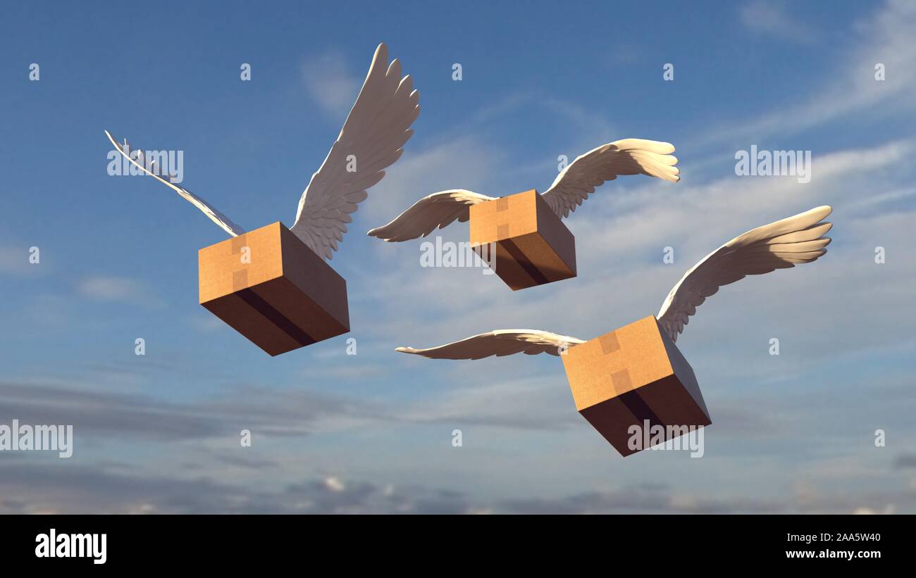 We send it to you everywhere flying. Package with wings Stock Photo - Alamy