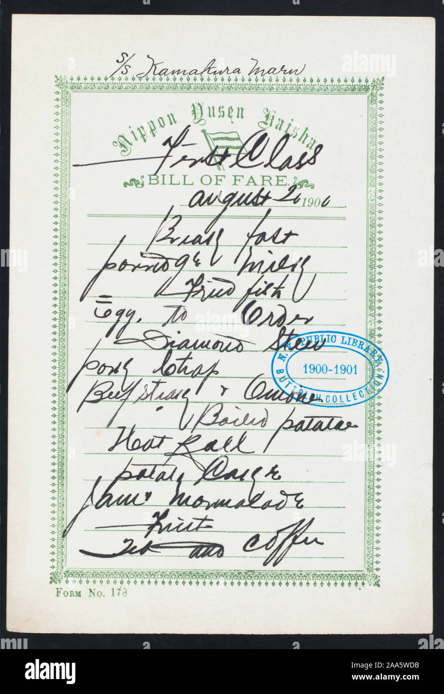 FIRST CLASS BILL OF FARE; HAND WRITTEN 1900-4103; BREAKFAST [held by ...