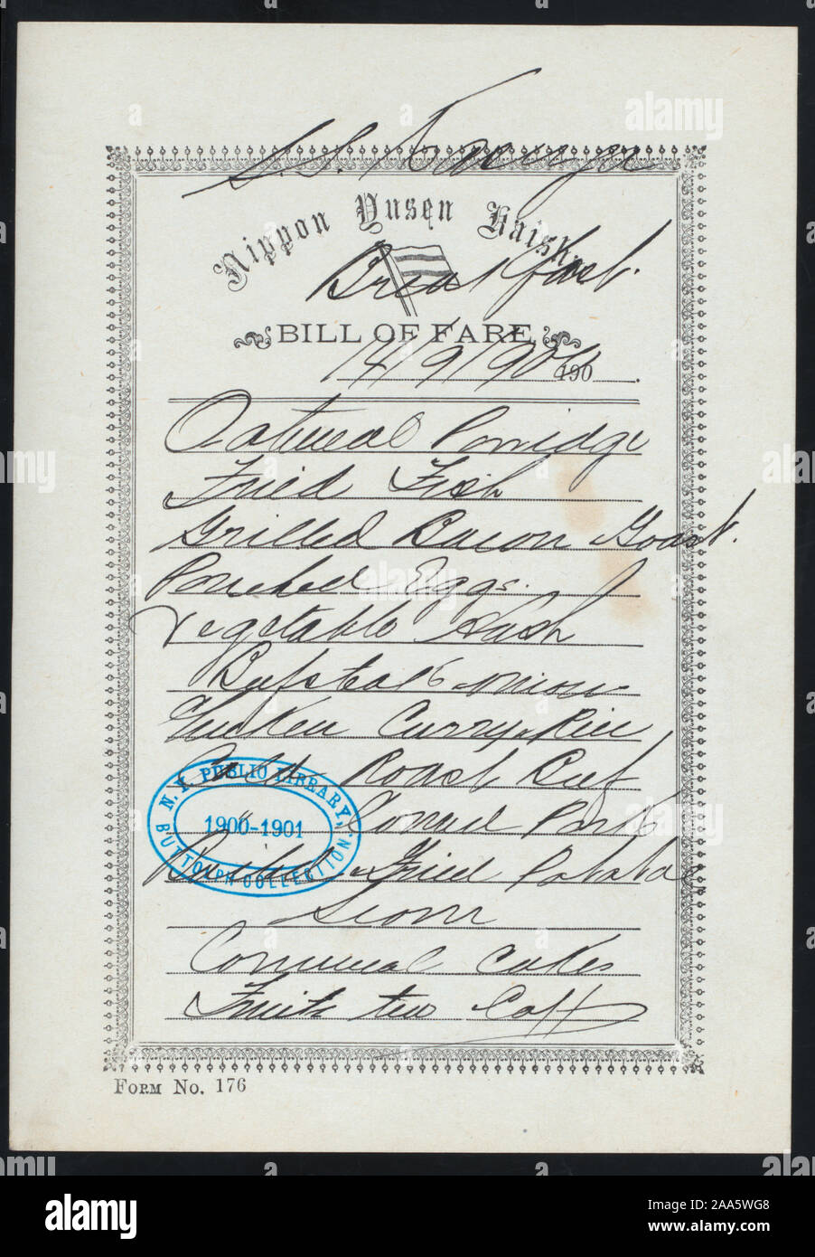 HANDWRITTEN 1900-4365; BREAKFAST [held by] NIPPON YUSEN KAISHA [at] EN ...