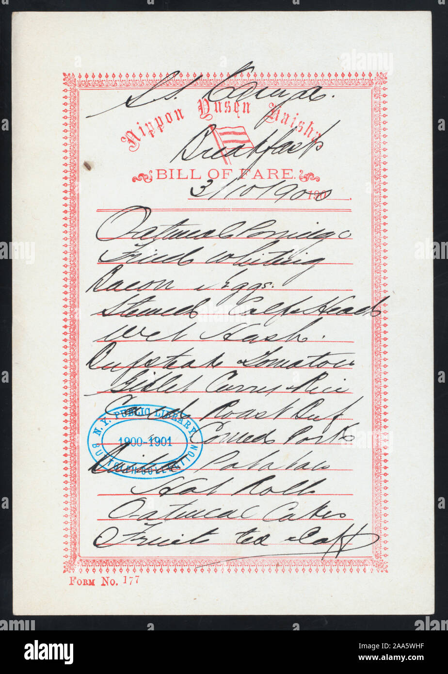 HANDWRITTEN; RED BORDER 1900-4556; BREAKFAST [held by] NIPPON YUSEN ...