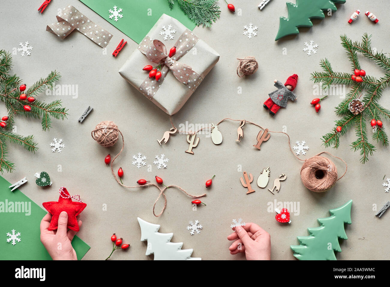 Zero waste Christmas, concept flat layout on rustic wood. Hand crafted ...