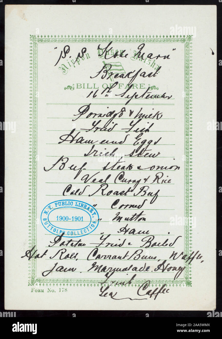 HANDWRITTEN; GREEN BORDER; BREAKFAST [held by] NIPPON YUSEN KAISHA [at ...