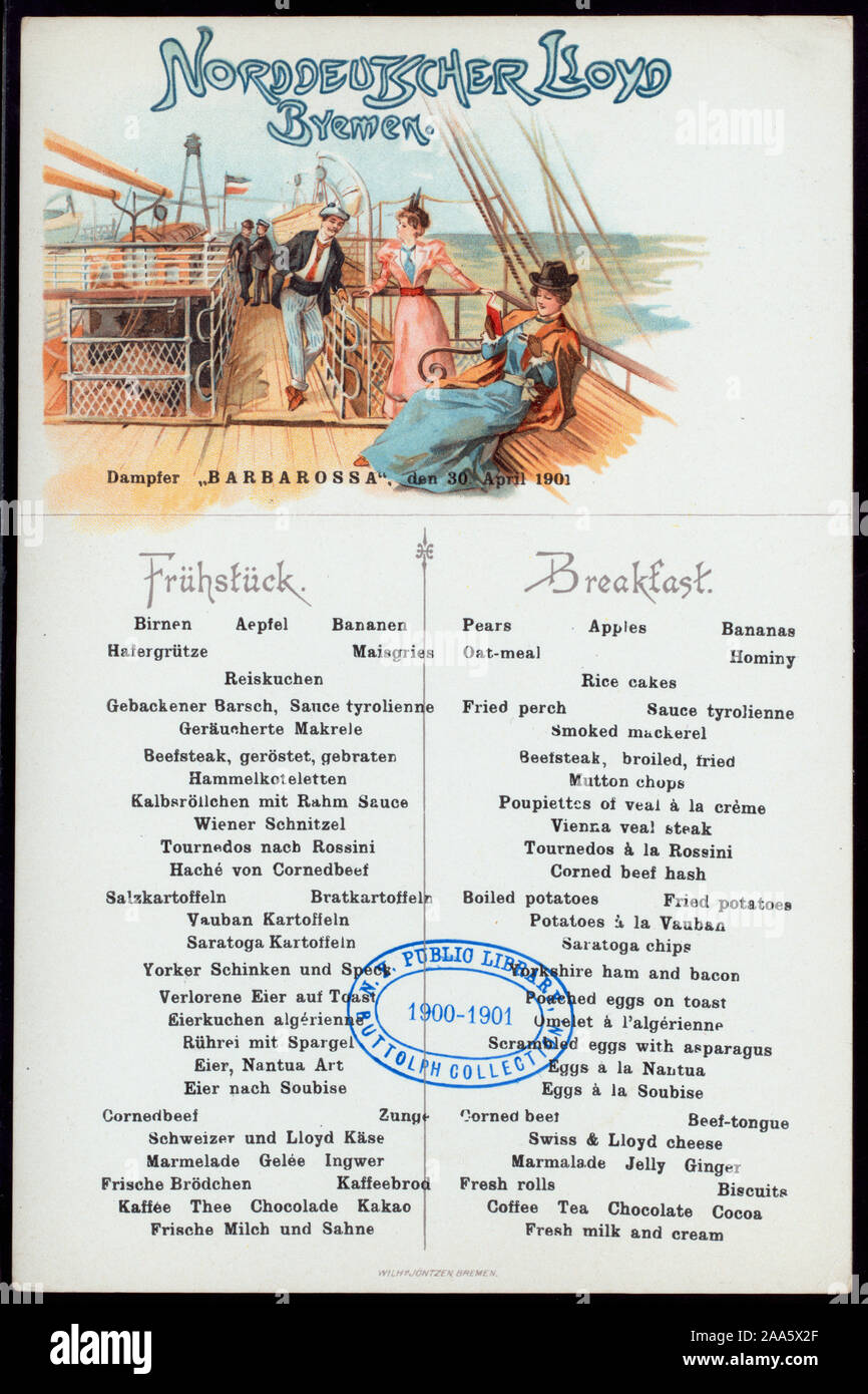 MENU IN BOTH GERMAN & ENGLISH; BREAKFAST [held by] NORDDEUTSCHER LLOYD ...