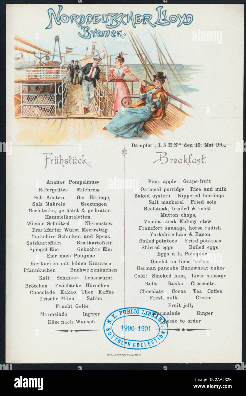MENU IN BOTH GERMAN & ENGLISH; BREAKFAST [held by] NORDDEUTSCHER LLOYD ...