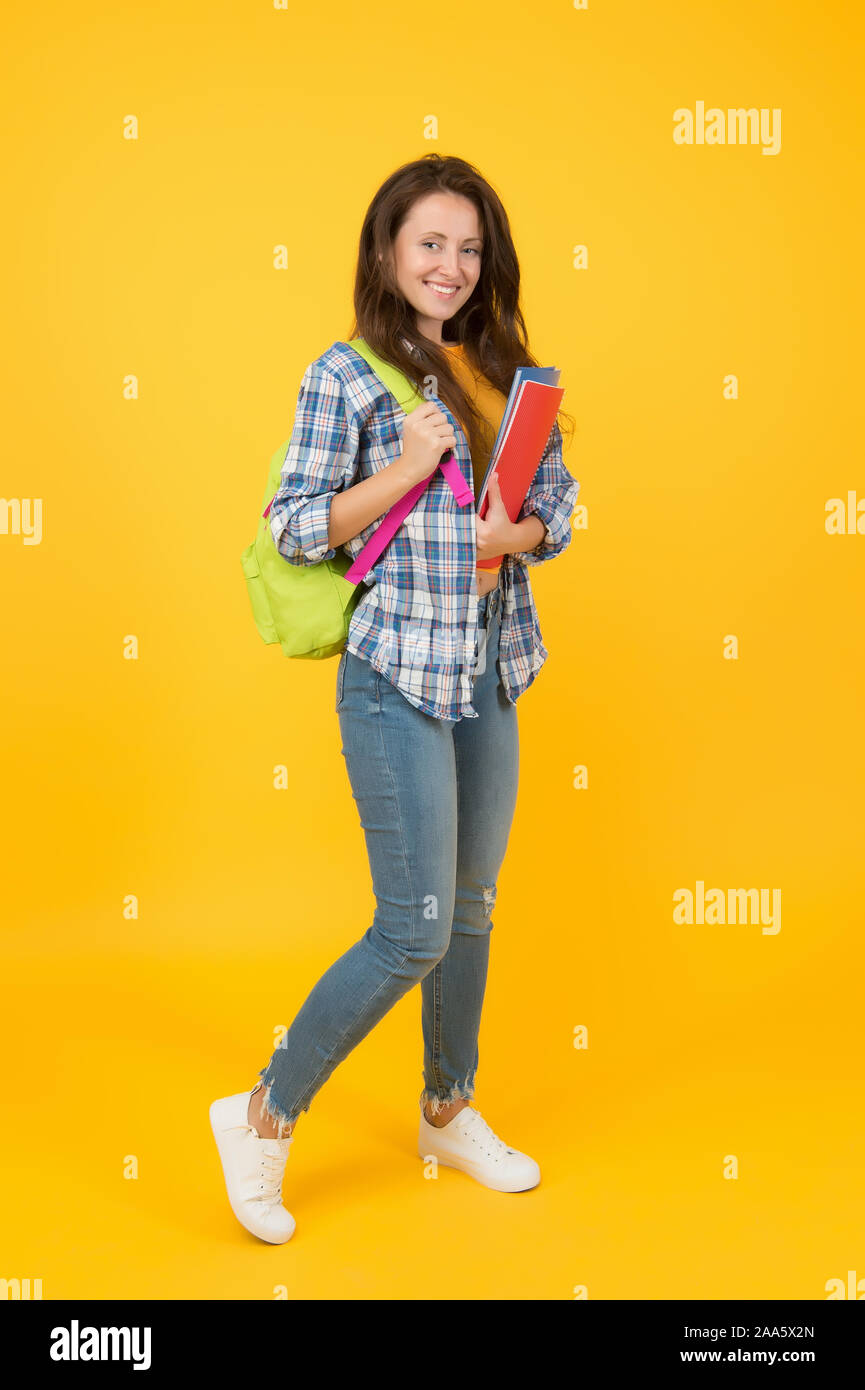 Regular student carry workbooks. Student life. School girl with ...