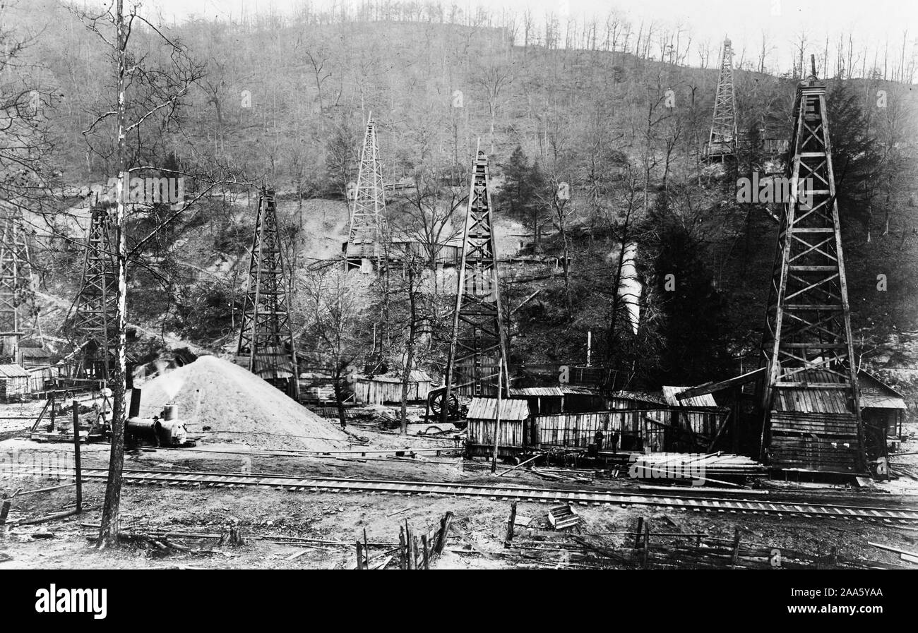 Overdrilling of gas and oil territory in Kelly's Greek field ca. 1918 ...