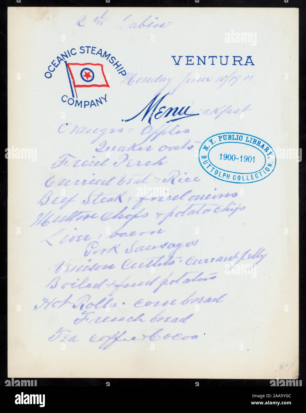 2ND CABIN MENU; HANDWRITTEN Citation/Reference: 1901-1599; BREAKFAST ...