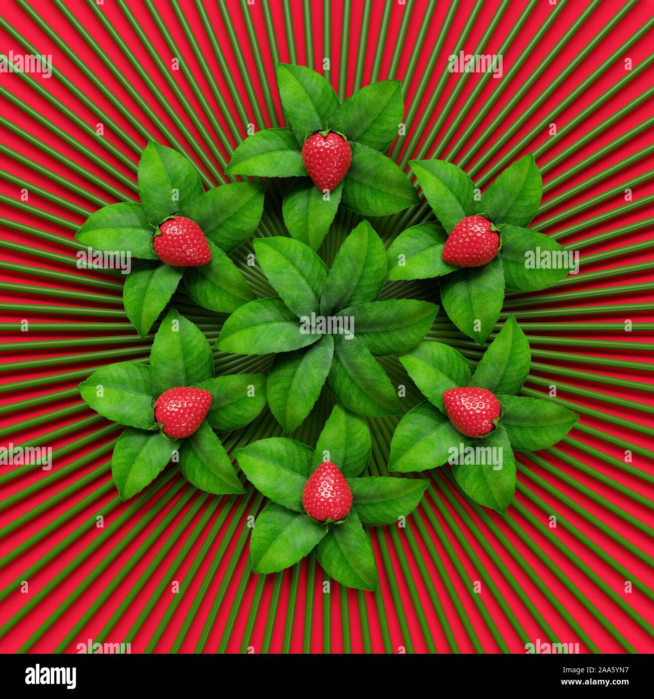 Center of green leaves and strawberries. Central floral bouquet for ...