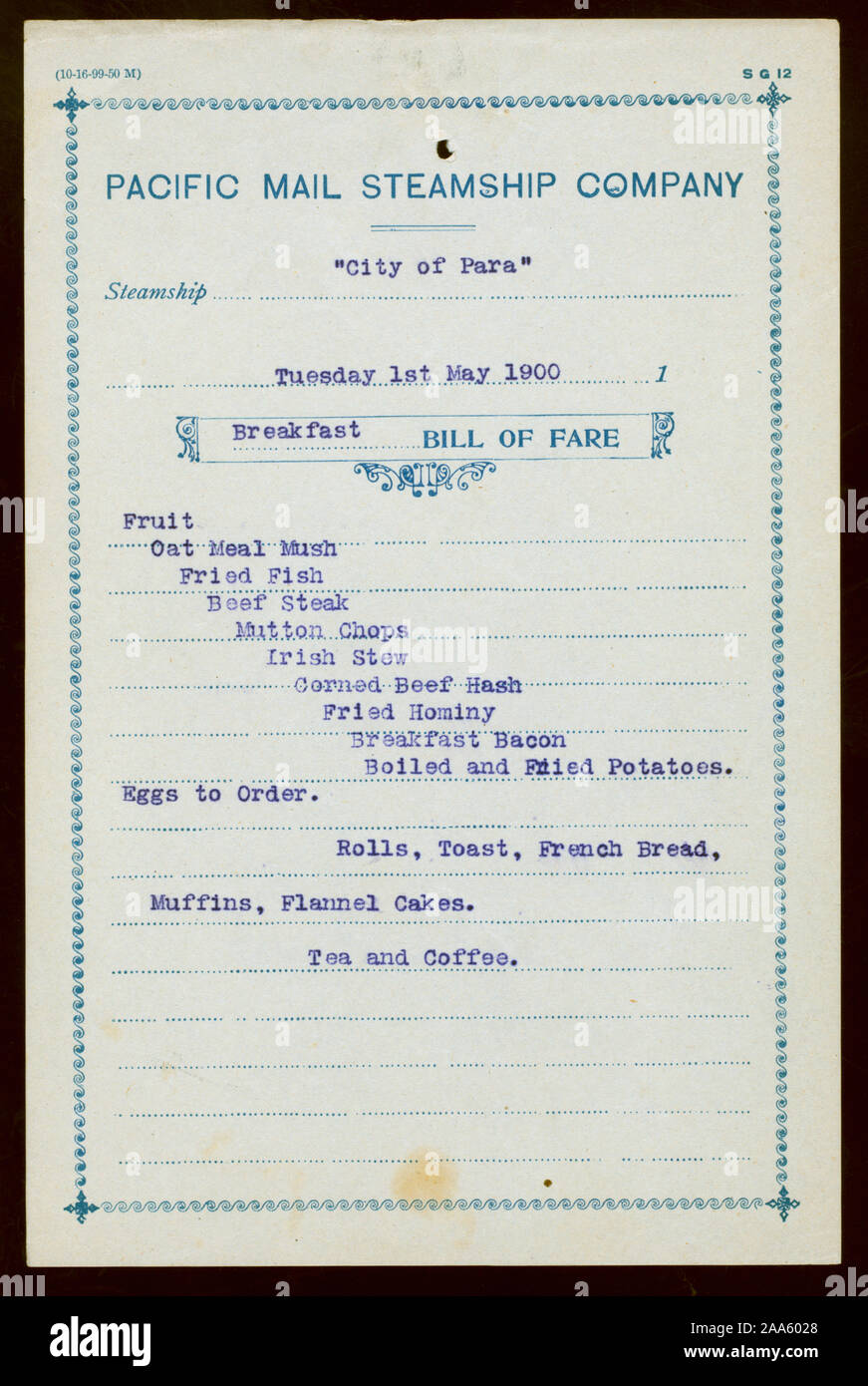 TWO COPIES Citation/Reference: 1900-3060; BREAKFAST [held by] PACIFIC ...