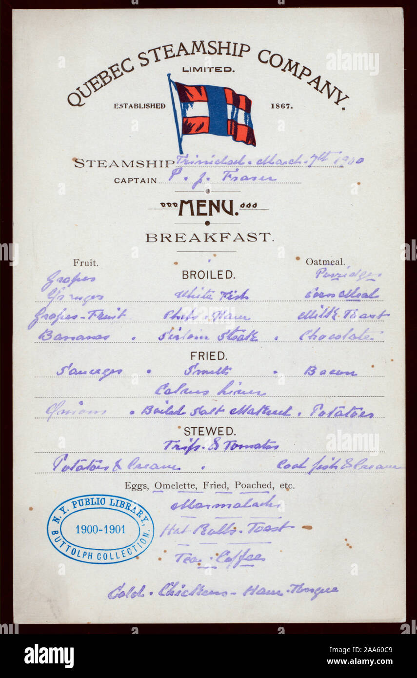 MENU HANDWRITTEN; BREAKFAST [held by] QUEBEC STEAMSHIP CO. - SS ...