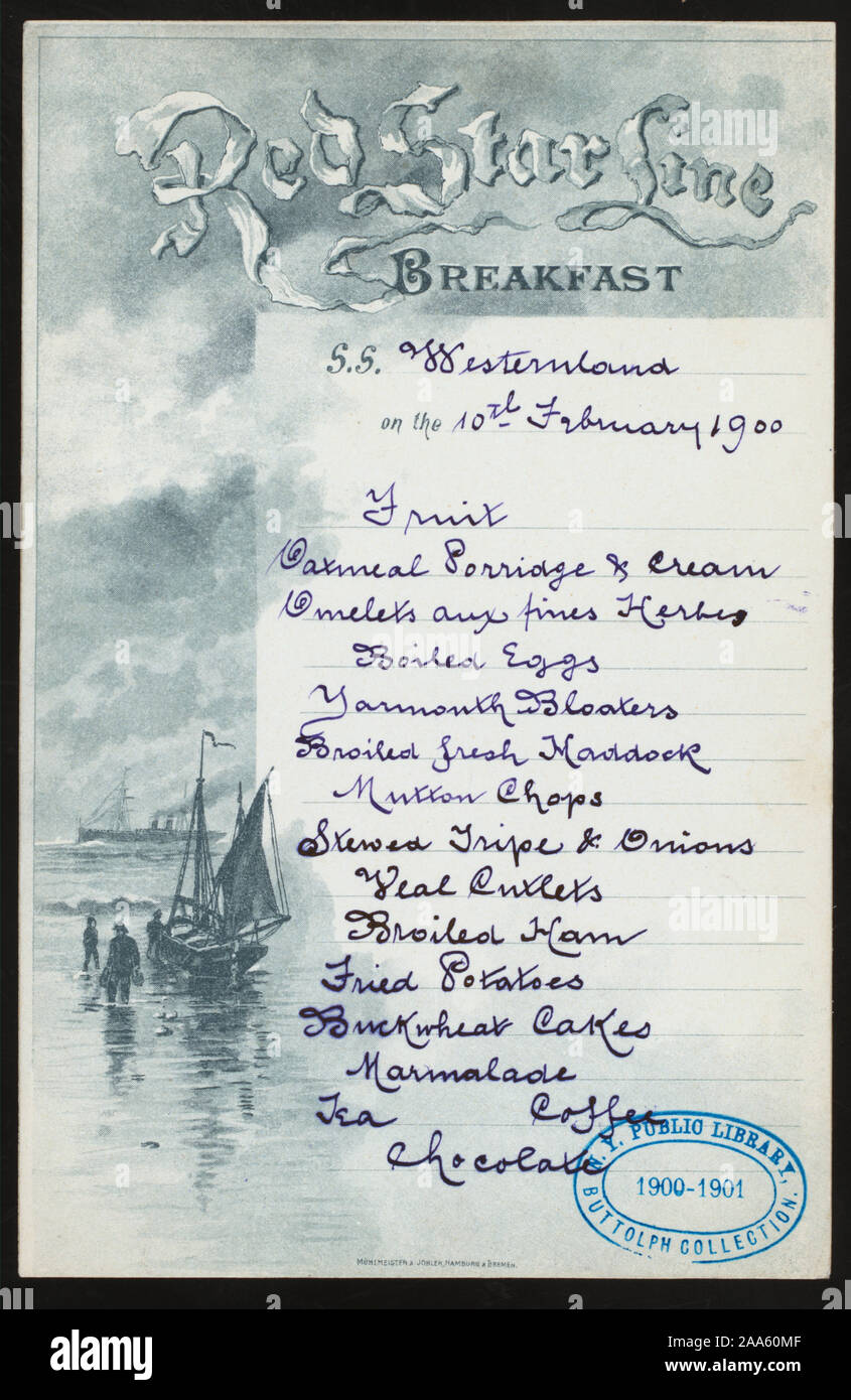 ILLUS, STEAMSHIP IN BG, SAILING SHIPS IN FG; 1900-0860; BREAKFAST [held ...