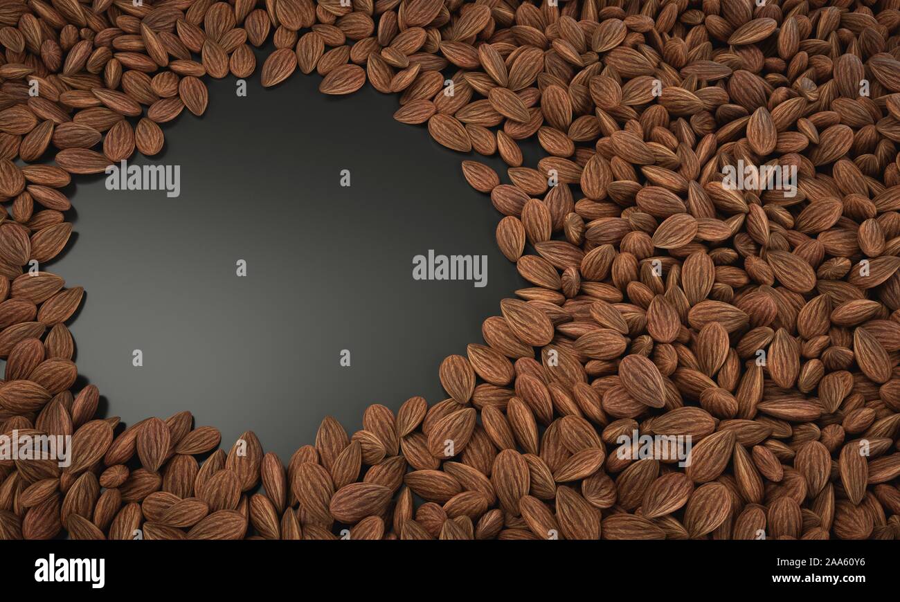 Texture of many almonds around the center on black background with ...