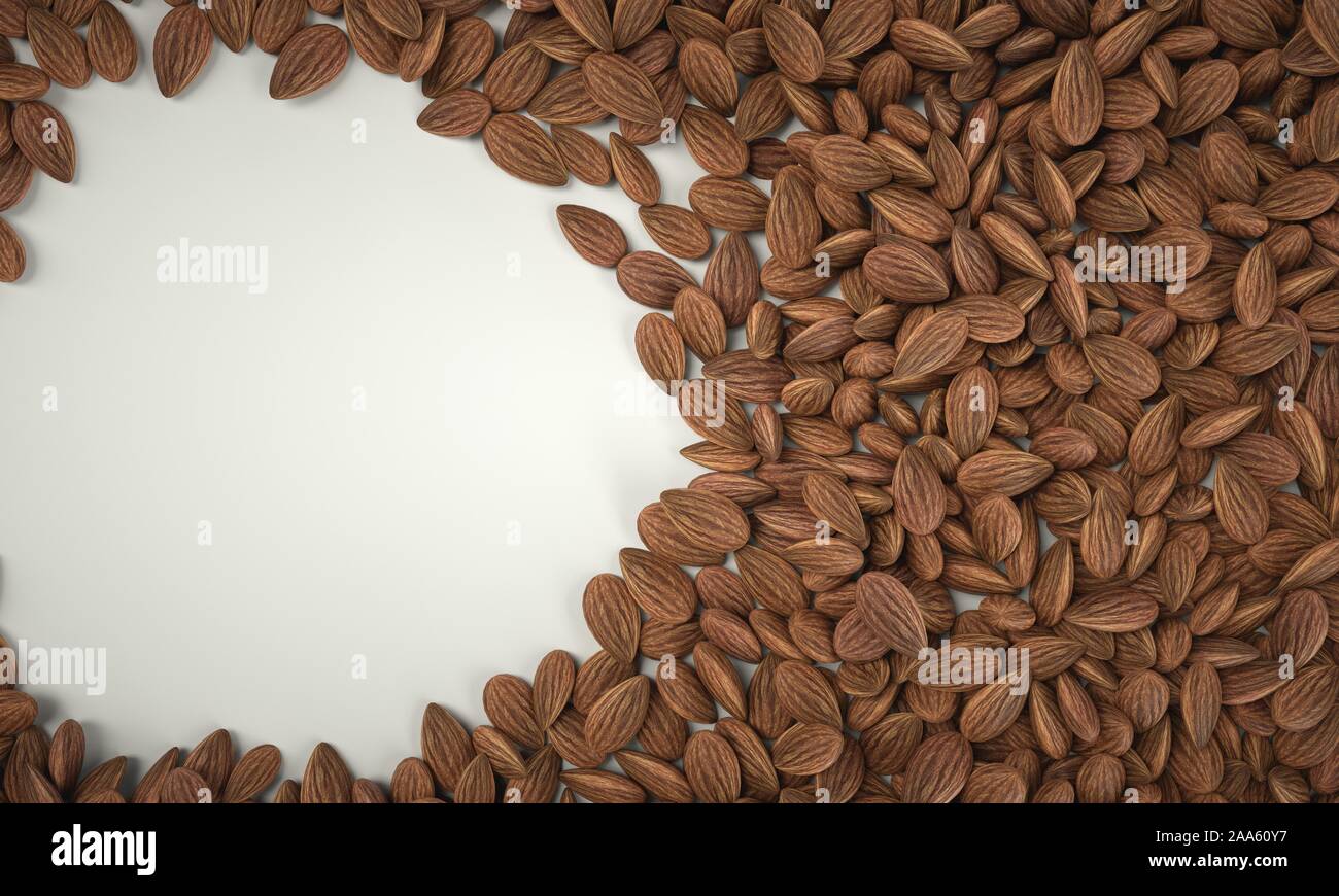 Texture of many almonds around the center on white background with ...