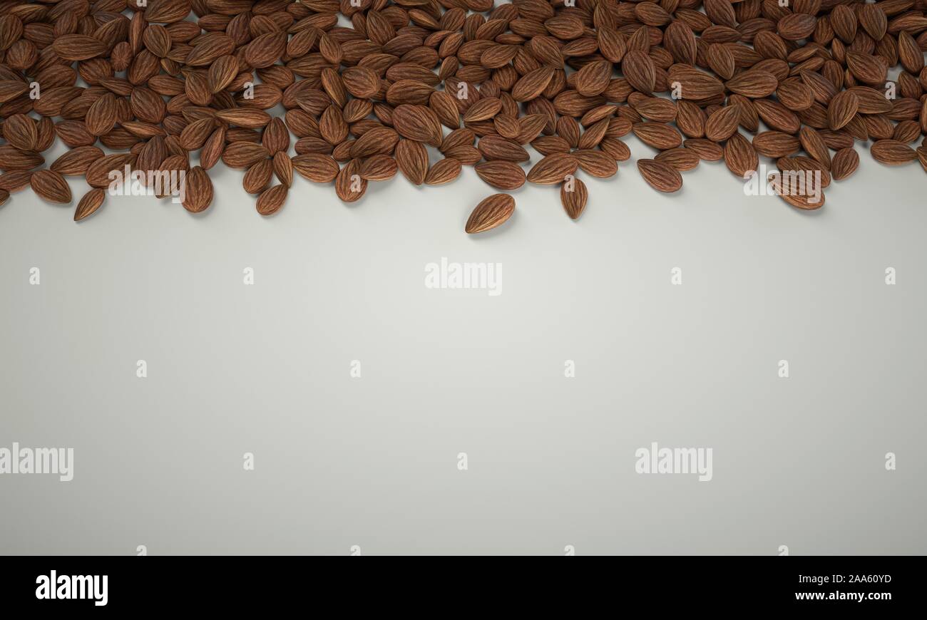 Many almonds texture up on white background with space for text or logo ...