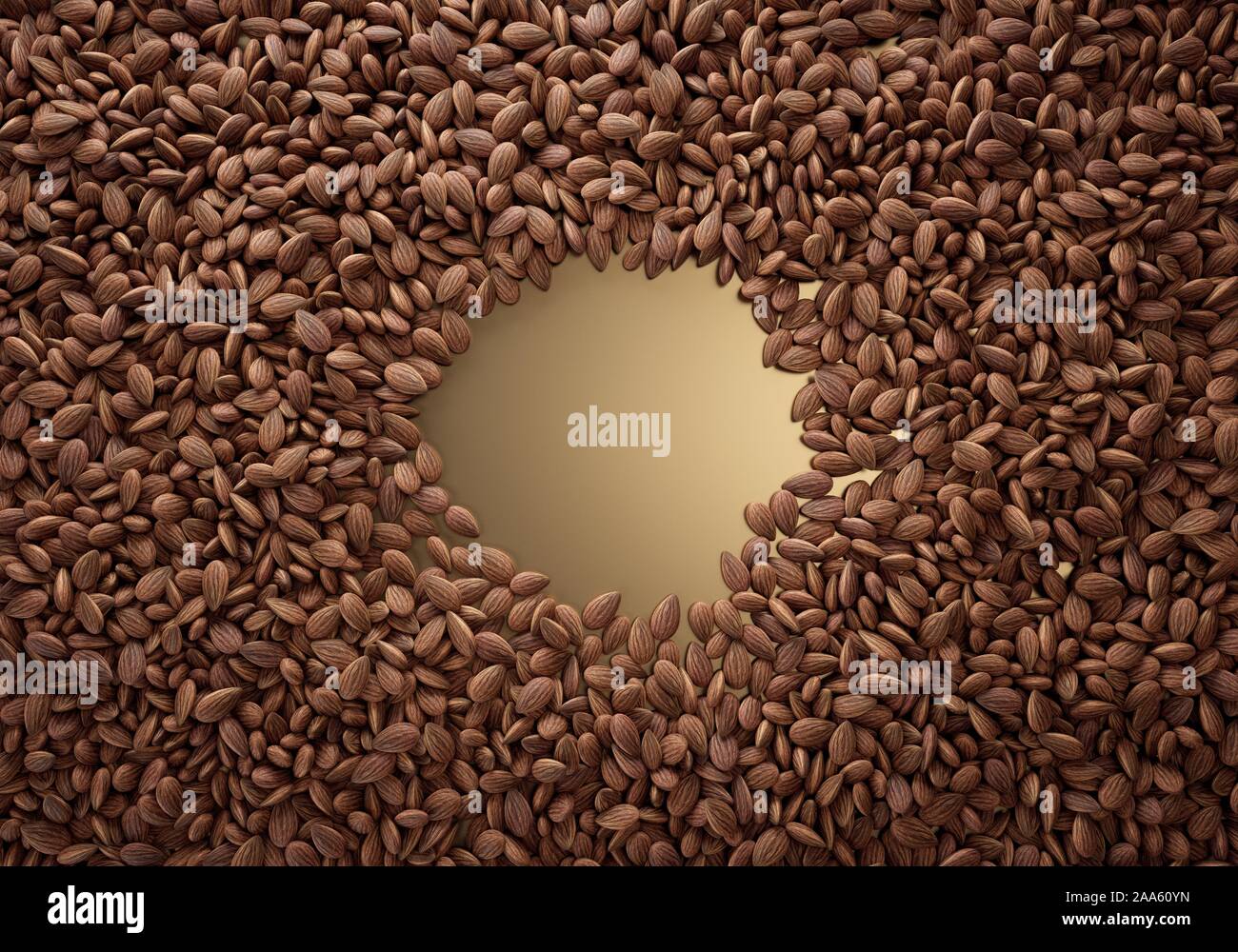 Texture of many almonds around the center on gold background with space ...