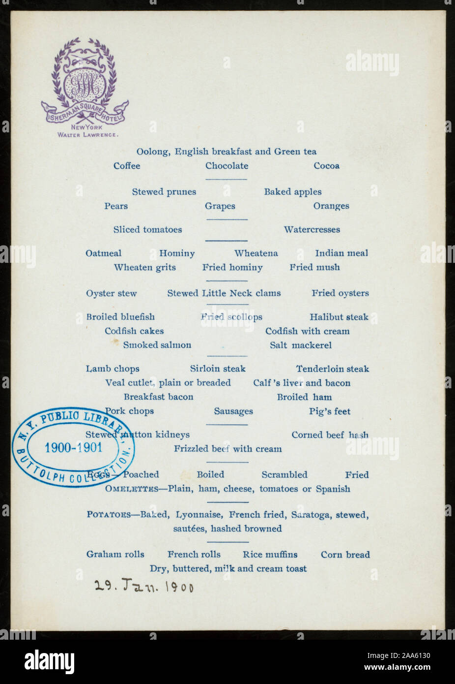 UNPRICED MENU 1900-0596; BREAKFAST [held by] SHERMAN SQUARE HOTEL [at ...