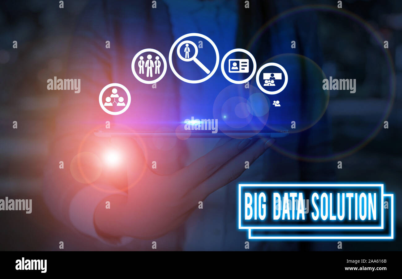 Writing note showing Big Data Solution. Business concept for Extracting value from huge volumes ...