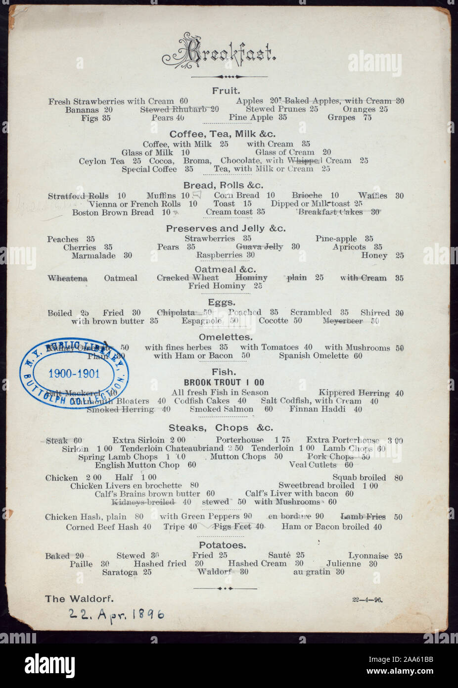 PRICED MENU; 9 FLOOR MARKED ON REAR; BREAKFAST [held by] THE WALDORF ...