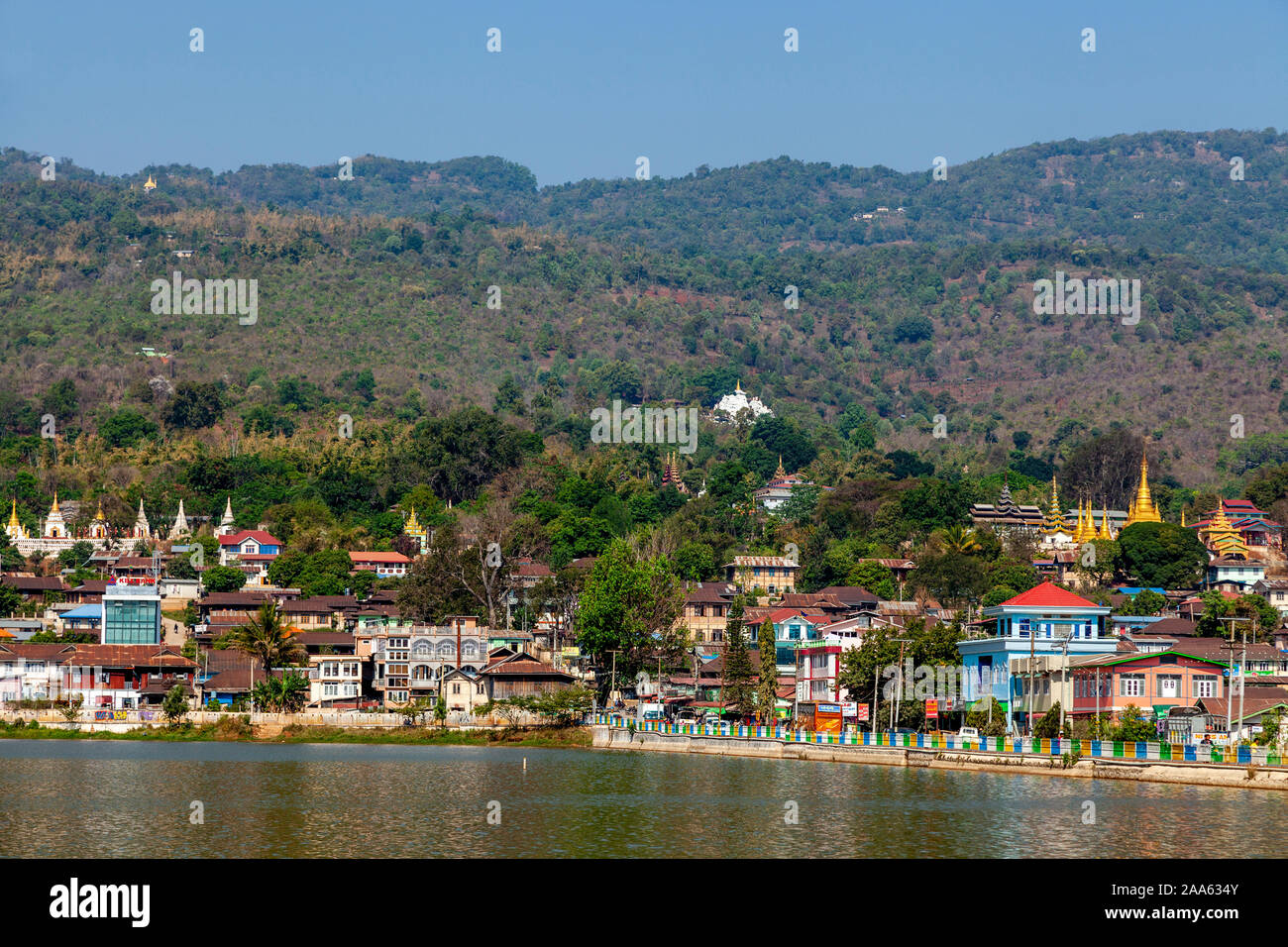 Lake Pone Taloke and The Town Of Pindaya, Shan State, Myanmar Stock ...