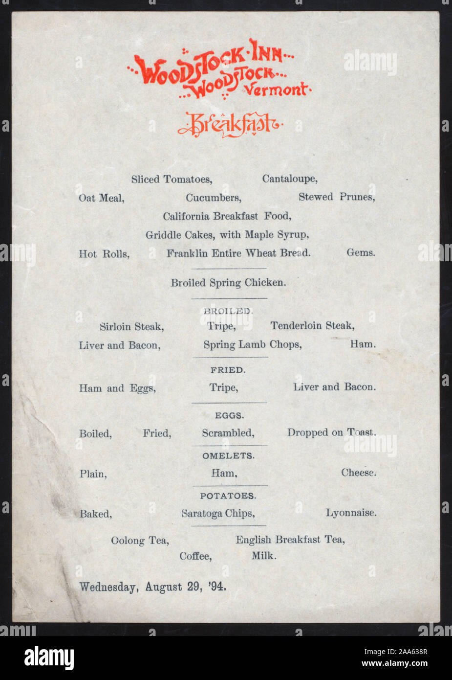 BREAKFAST MENU [held by] WOODSTOCK INN [at] WOODSTOCK, VT (HOT ...