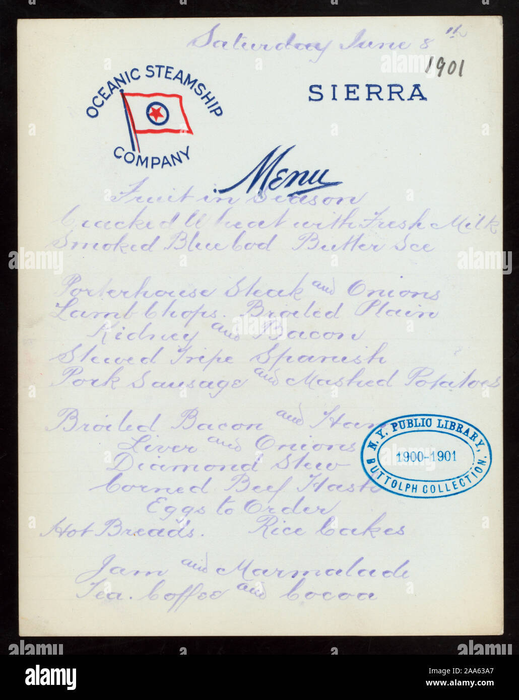 MENU HANDWRITTEN; 2ND CABIN MENU; BREAKFAST] [held by] OCEANIC ...