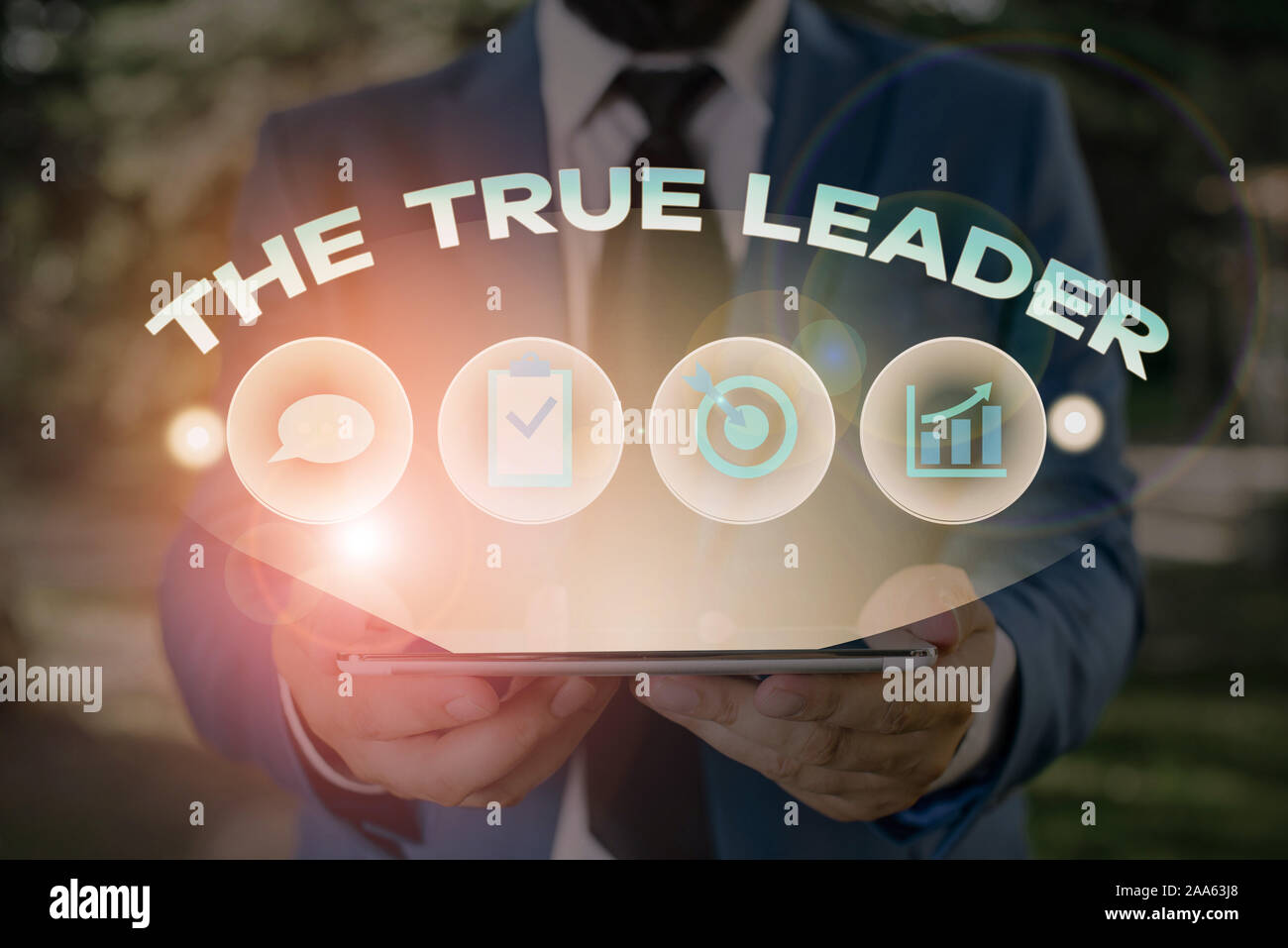 Text sign showing The True Leader. Business photo showcasing one that ...