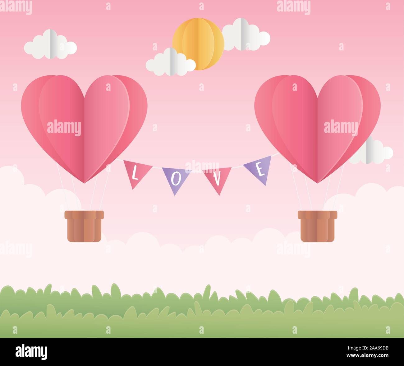 happy valentines day origami paper air balloons with sun field vector ...