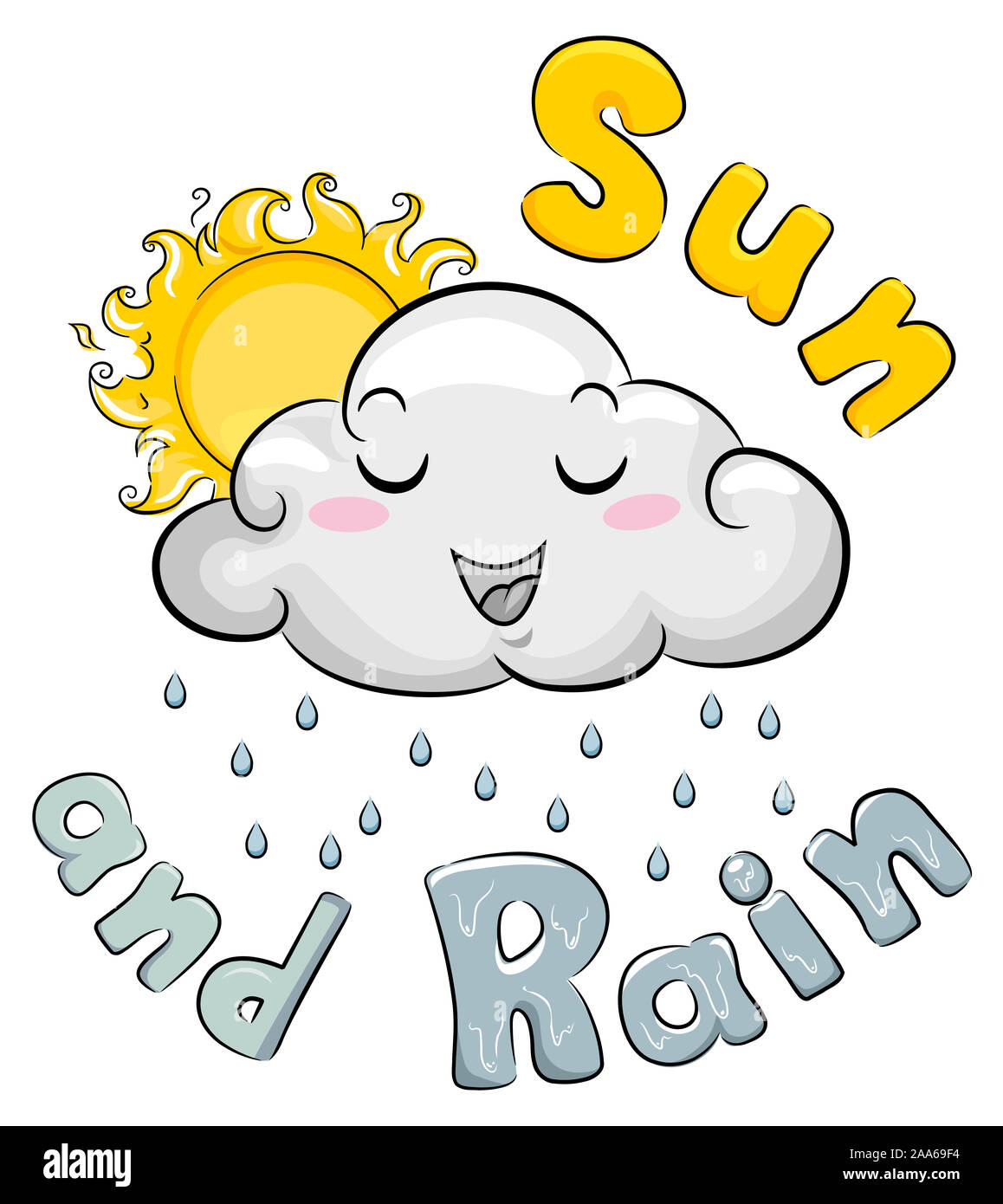 Illustration of a Cloud Mascot with Sun and Rain Stock Photo - Alamy