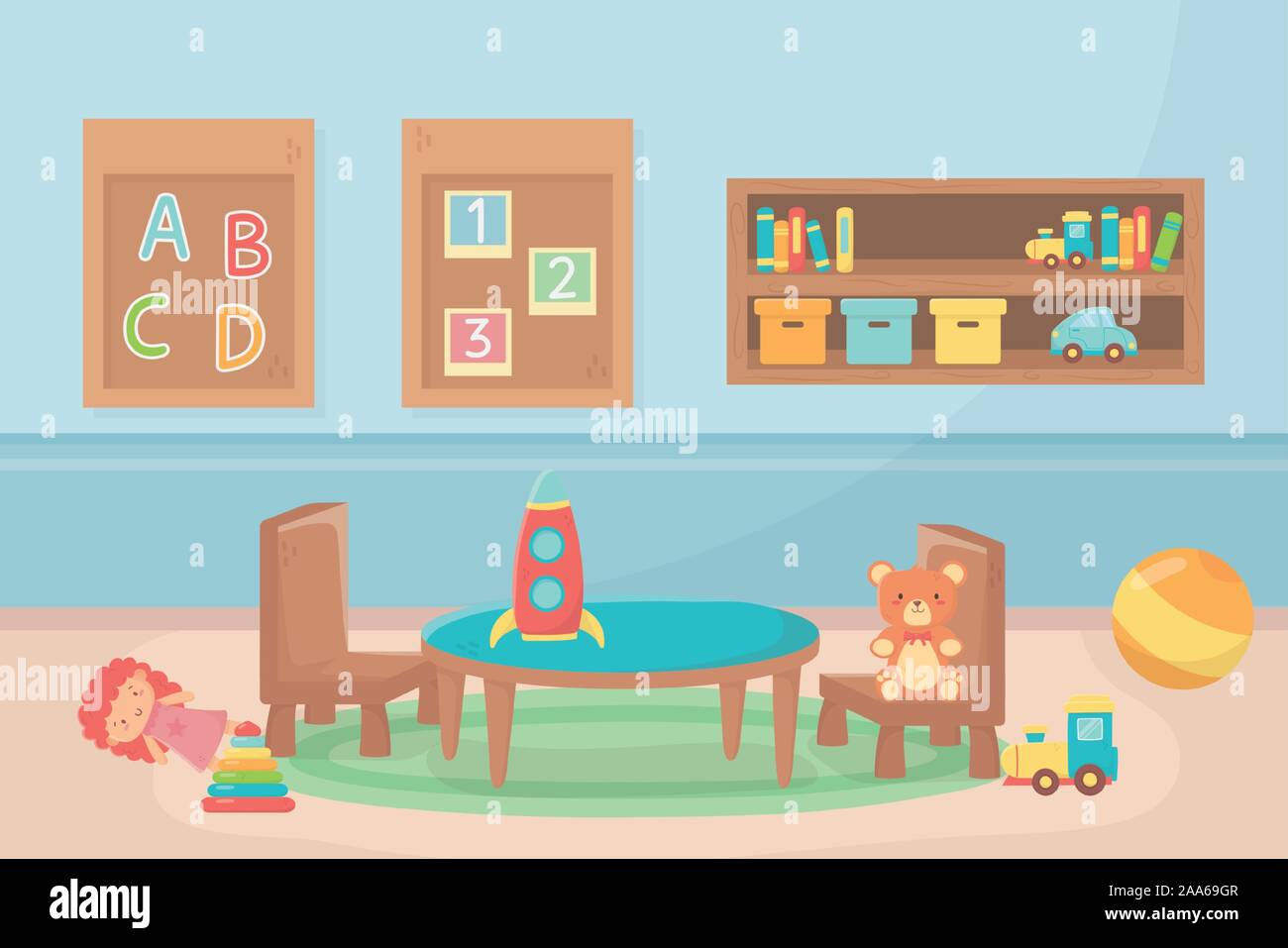 block numbers alphabet table chairs ball room toys vector illustration ...