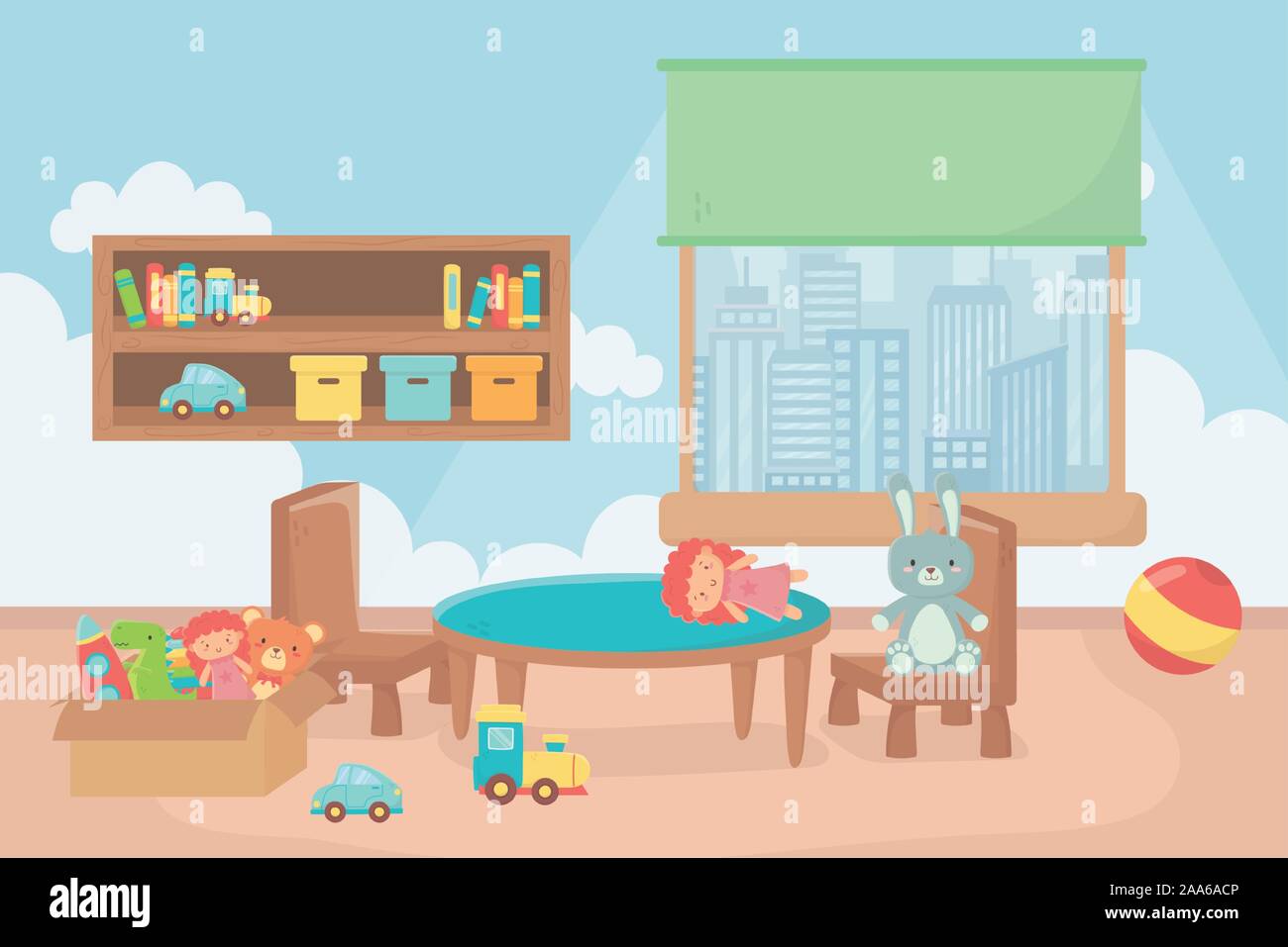 playroom with shelf boxes ball table chair window city vector ...