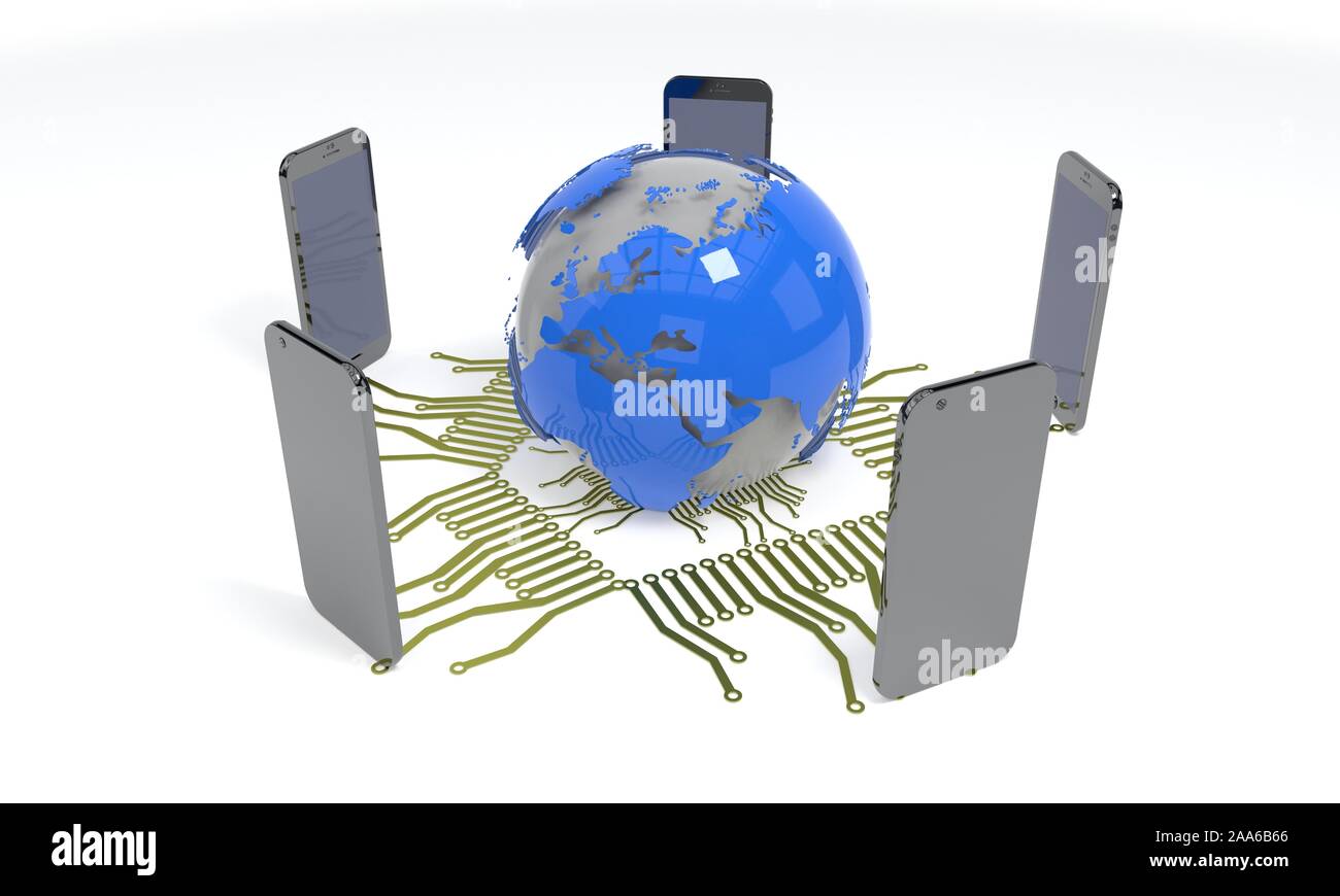 Telephones electronic connection concept in the world, 3d render Stock ...