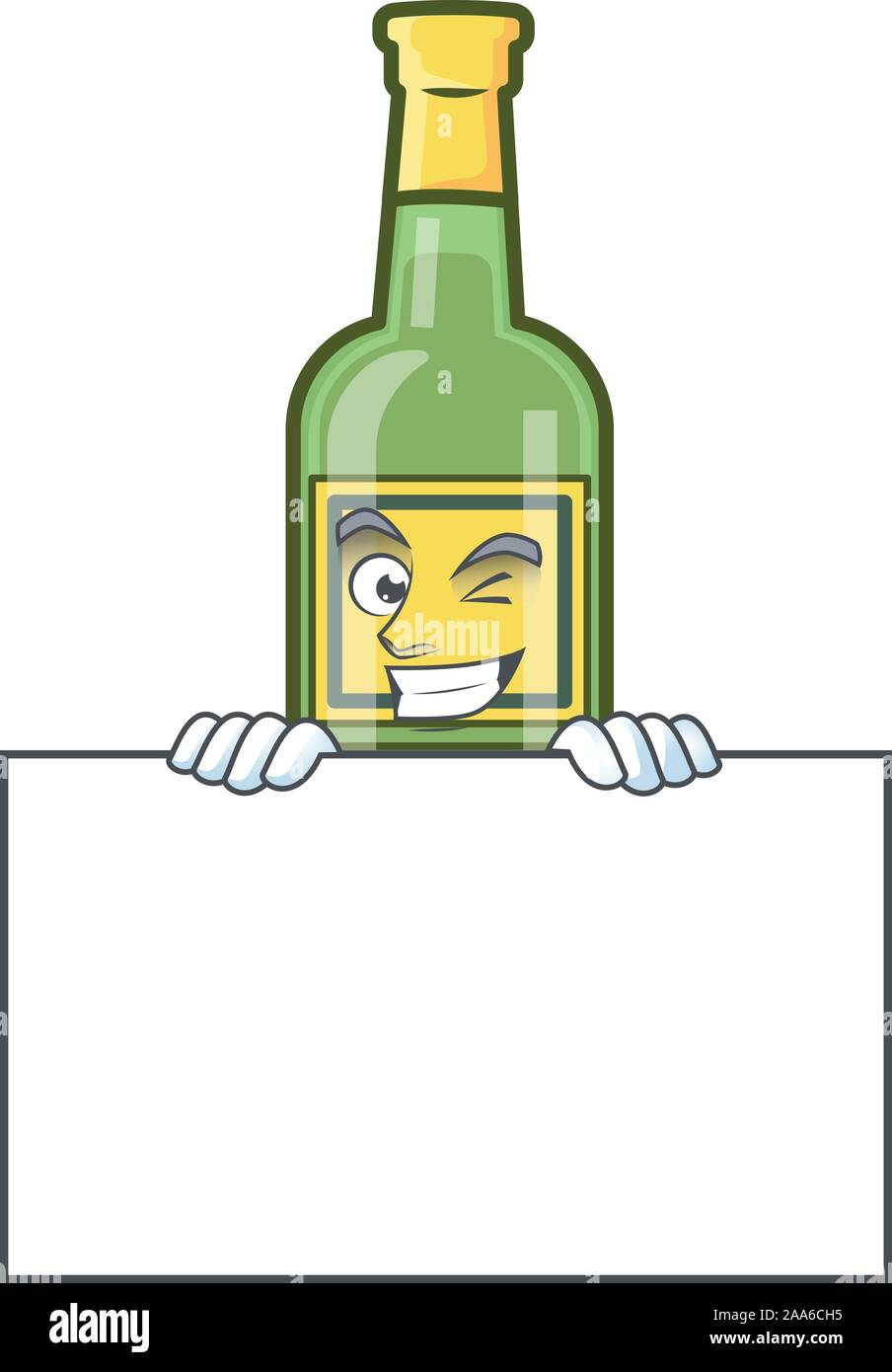 Cartoon whiskey bottle with character shape squinting with board Stock ...