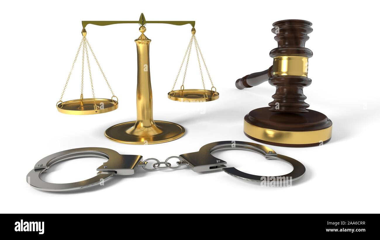 Justice gavel and handcuffs on white background, 3d render Stock Photo ...