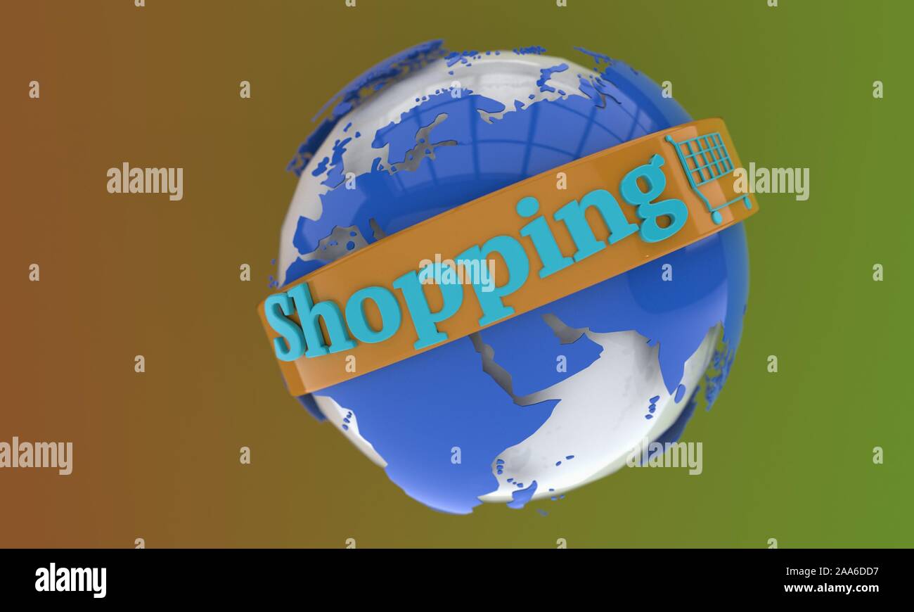 World object and shopping symbol, 3d render Stock Photo - Alamy
